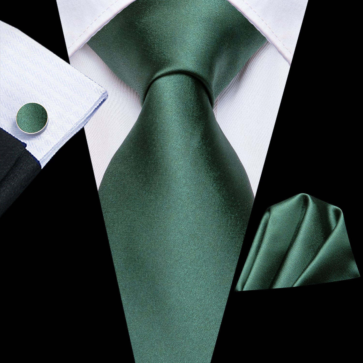 Hi-Tie Men's Emerald Green Solid Necktie Pocket Square Cufflinks Set