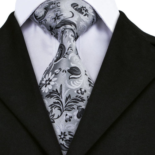 Hi-Tie Mens Necktie Grey Black Floral Tie Pocket Square Cufflinks Set