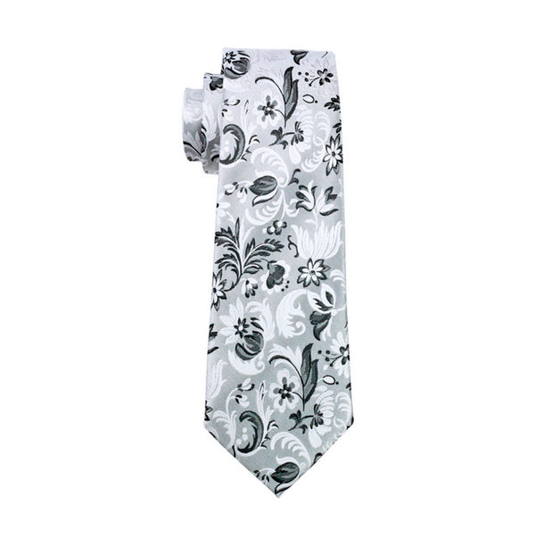 Hi-Tie Mens Necktie Grey Black Floral Tie Pocket Square Cufflinks Set