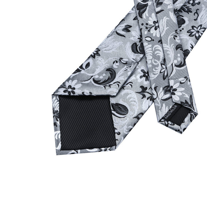 Hi-Tie Mens Necktie Grey Black Floral Tie Pocket Square Cufflinks Set