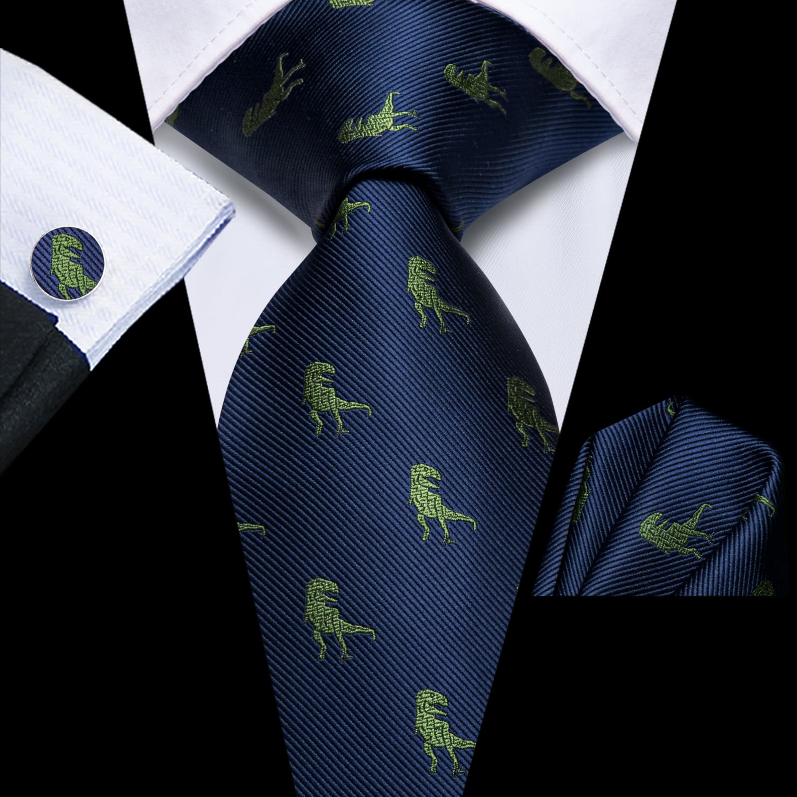 Hi-Tie Deep Blue Green Dinosaur Novelty Silk Mens Tie Pocket Square Cu