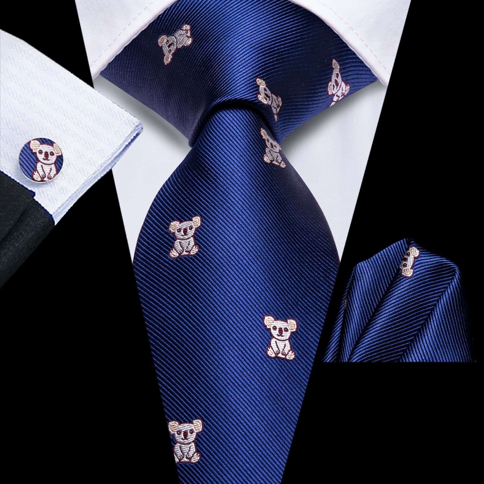 Hi-Tie Deep Blue Bear Novelty Pattern Silk Mens Tie Pocket Square Cuff