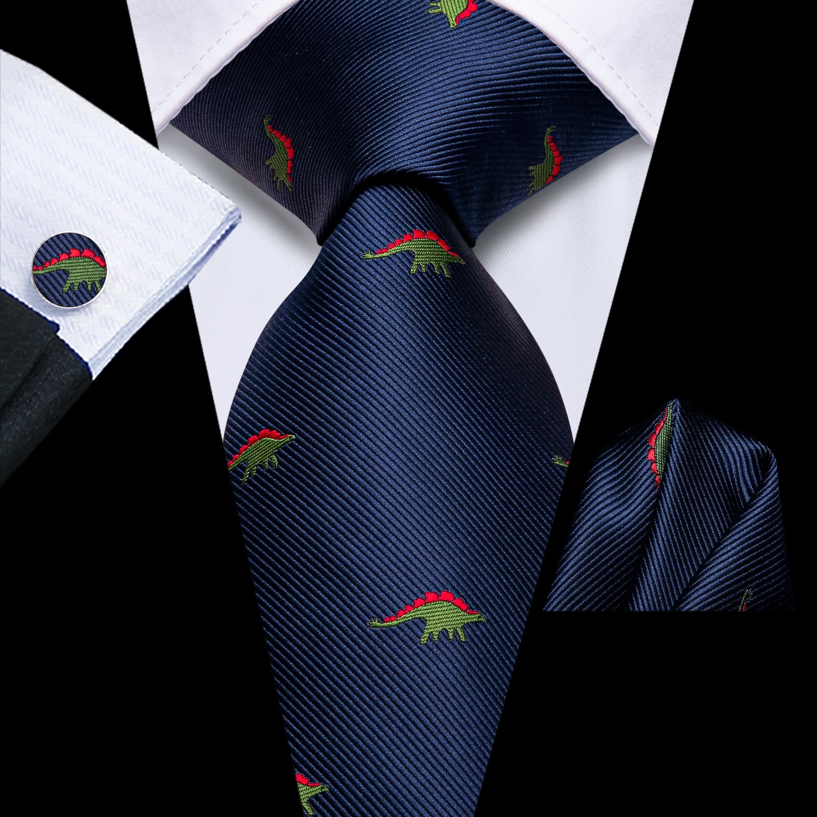 Hi-Tie Dark Blue Novelty Dinosaur Pattern Silk Mens Tie Pocket Square