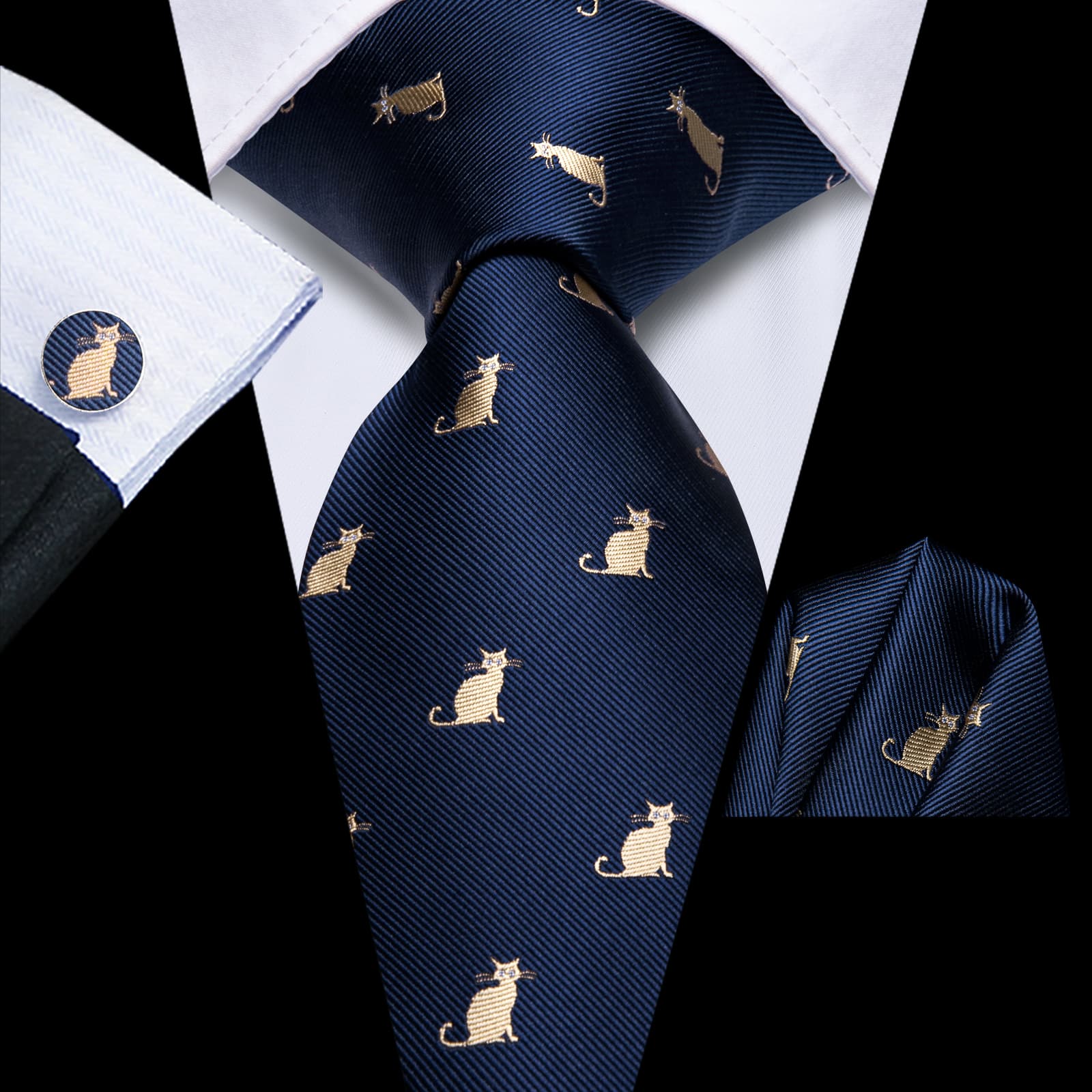 Hi-Tie Deep Blue Novelty Cats Pattern Silk Mens Tie Pocket Square Cuff