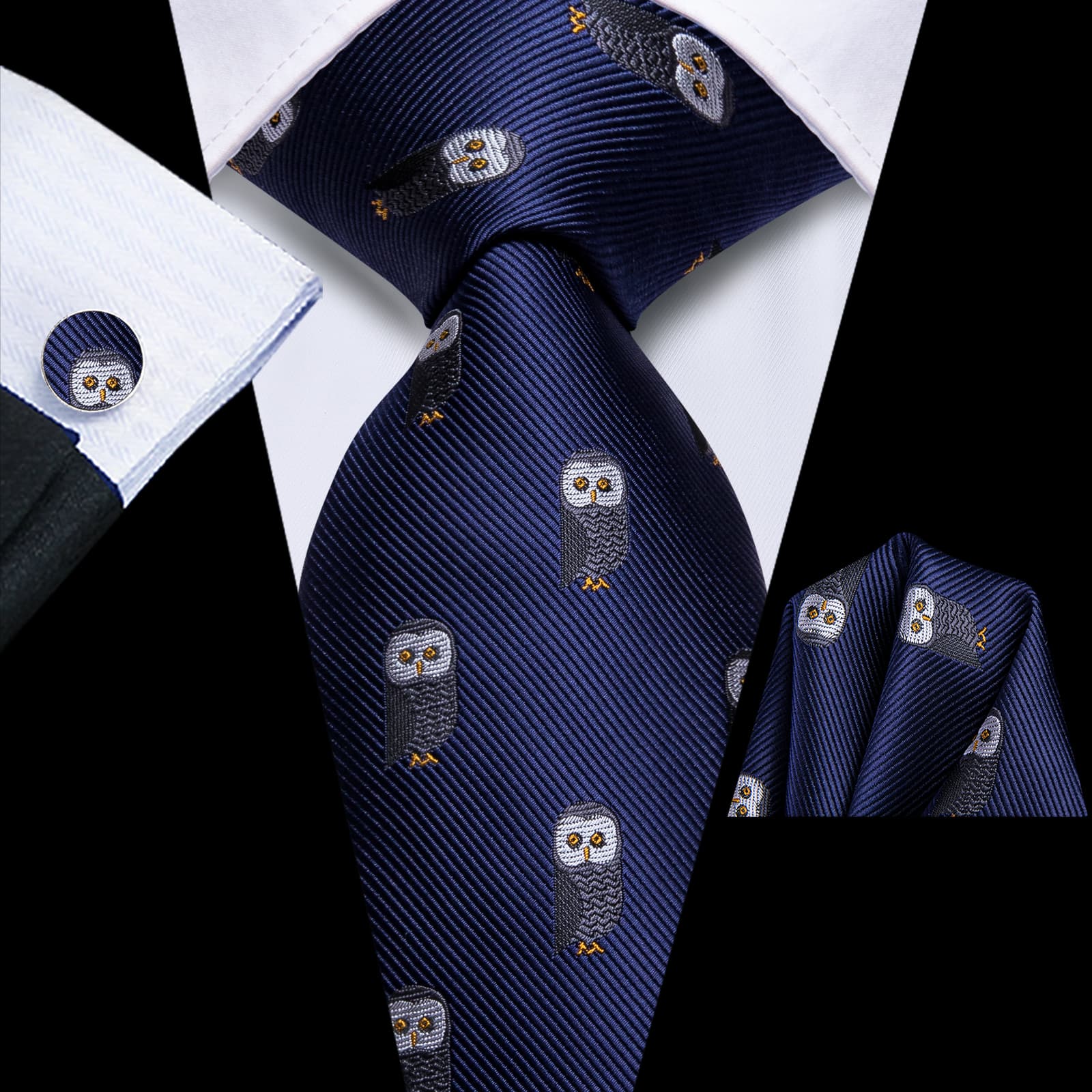 Hi-Tie Deep Blue Novelty Owl Pattern Silk Mens Tie Handkerchief Cuffli