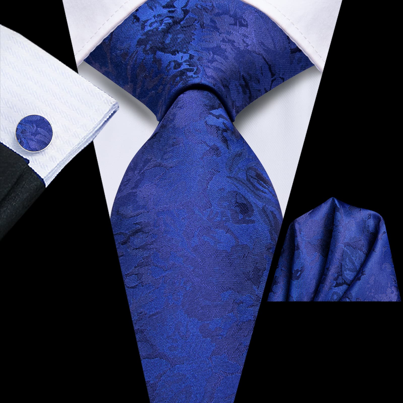 Hi-Tie Dark Blue Floral Silk Mens Tie Pocket Square Cufflinks Set