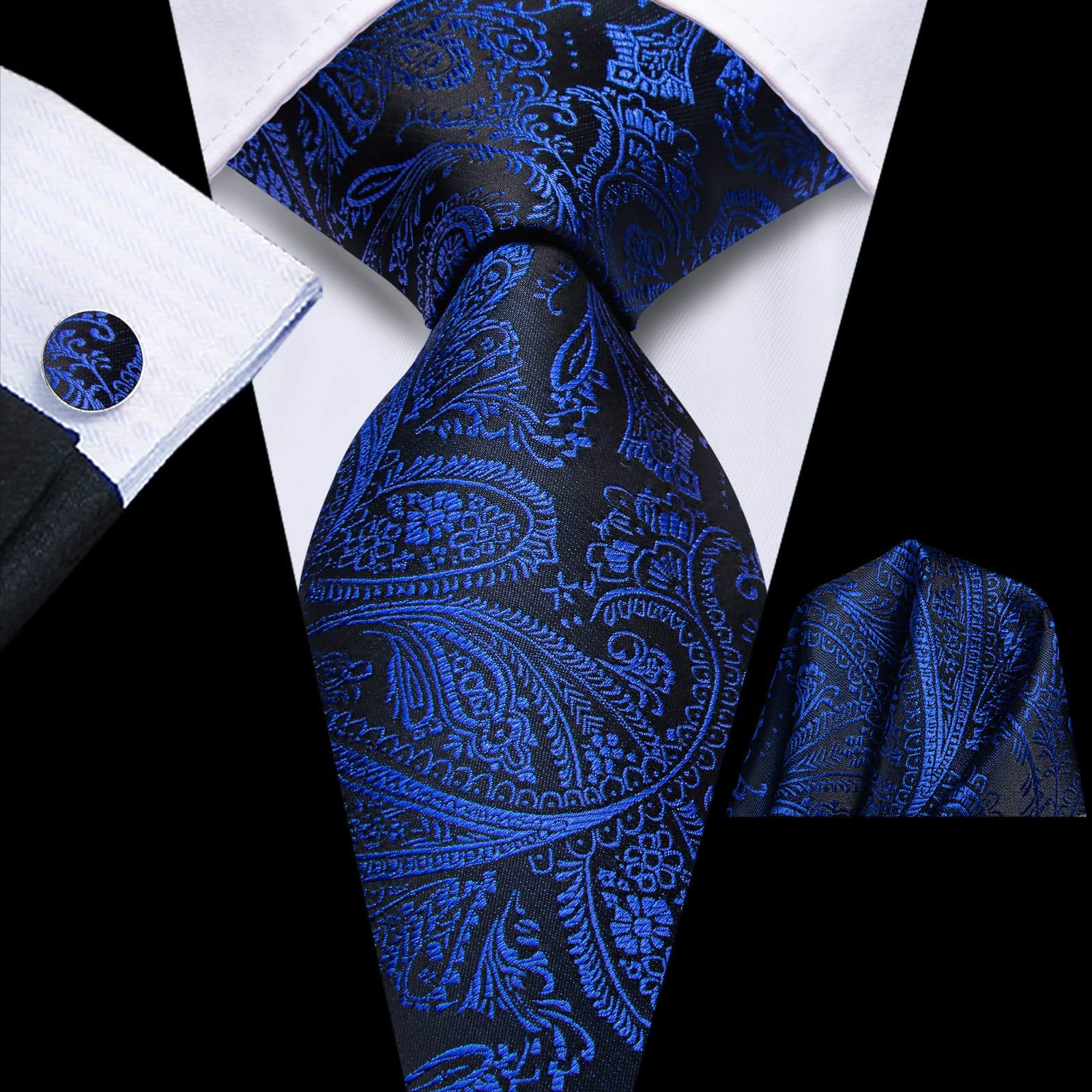Hi-Tie Black Navy Blue Paisley Silk Men's Necktie Pocket Square Cuffli