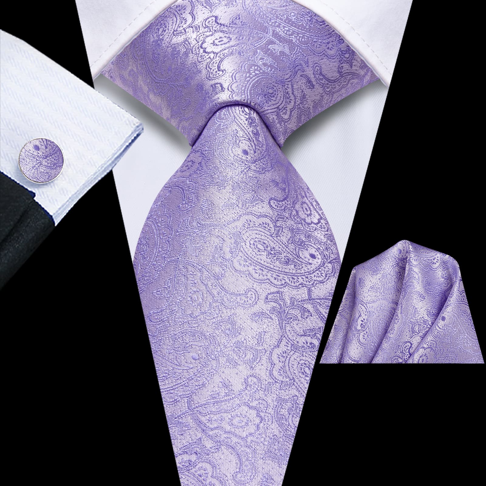 Hi-Tie Orchid Purple Paisley Silk Men's Necktie Pocket Square Cufflink