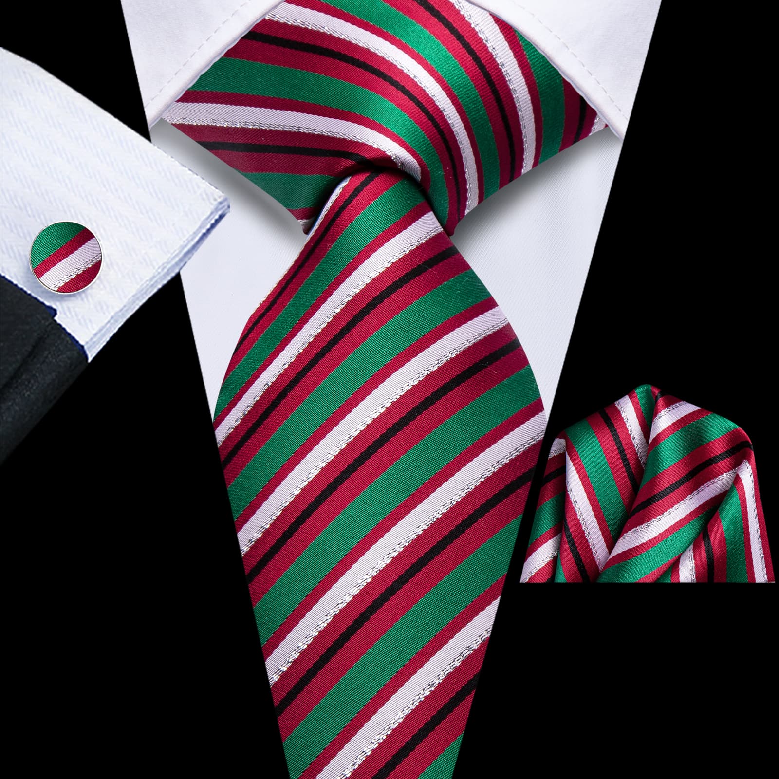 Hi-Tie Green Red White Striped Silk Men's Necktie Pocket Square Cuffli