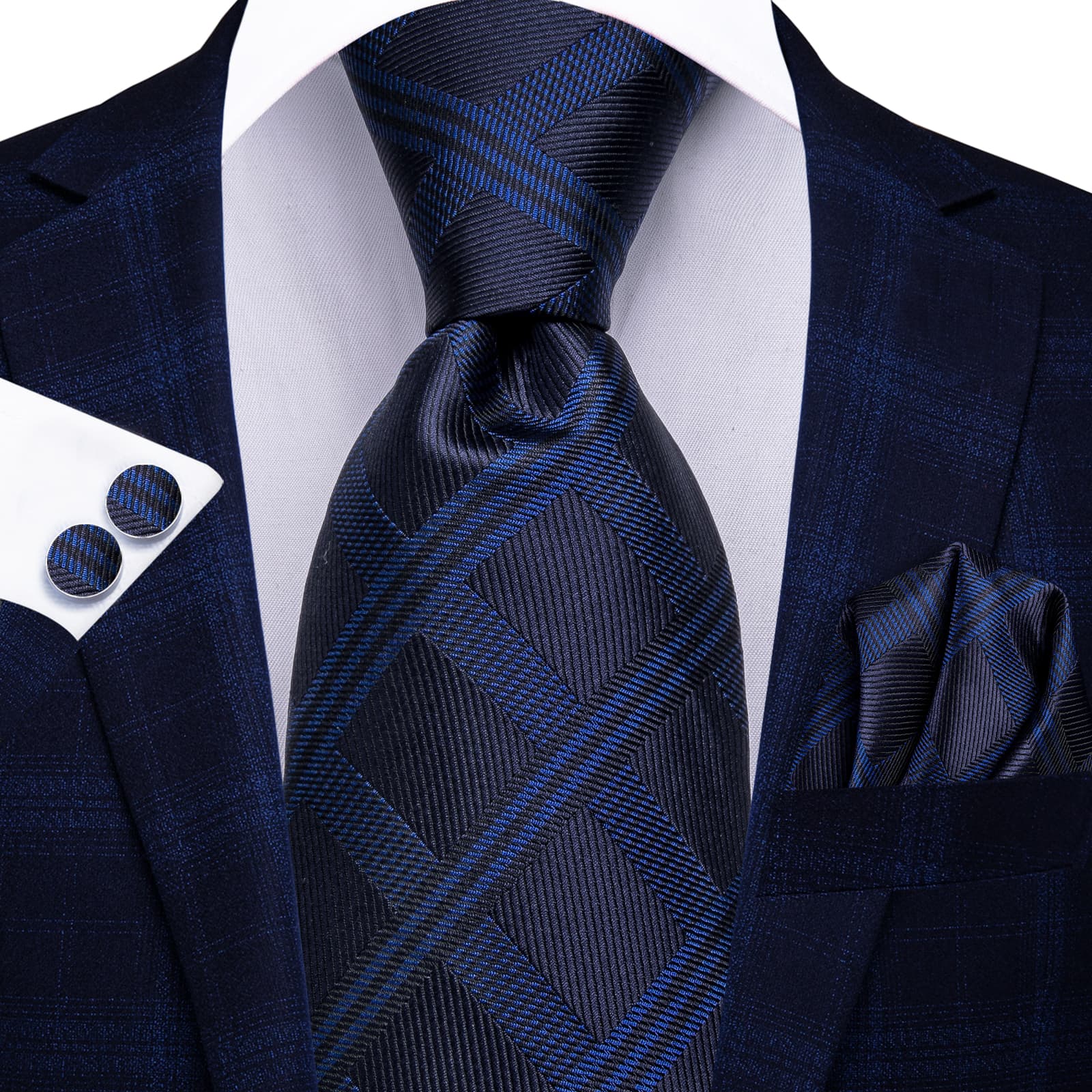 Hi-Tie Plaid Sky Blue Silver Tie Jacquard Silk Necktie Set for Men