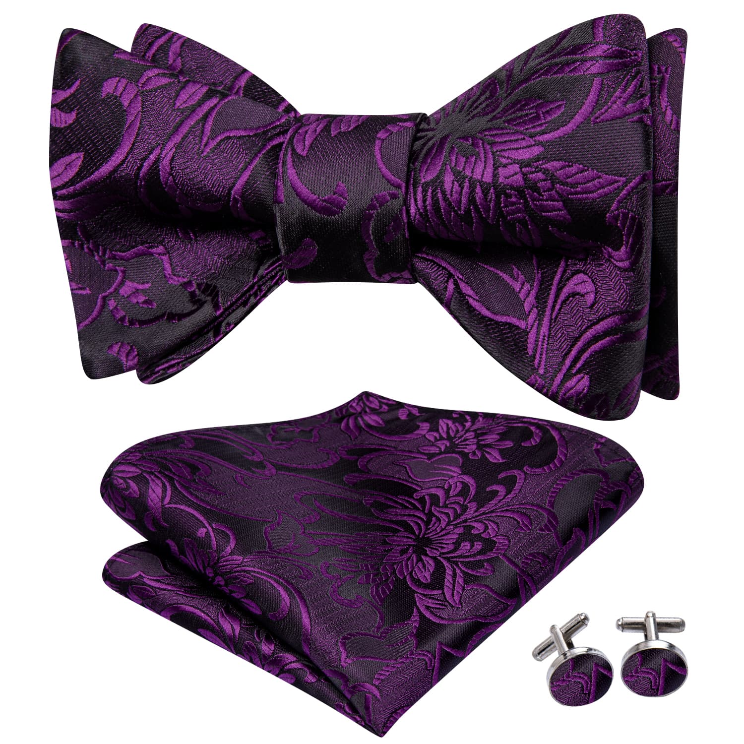 Hi-Tie Mens Tie Purple Floral Self-Tied Bowtie Hanky Cufflinks Set
