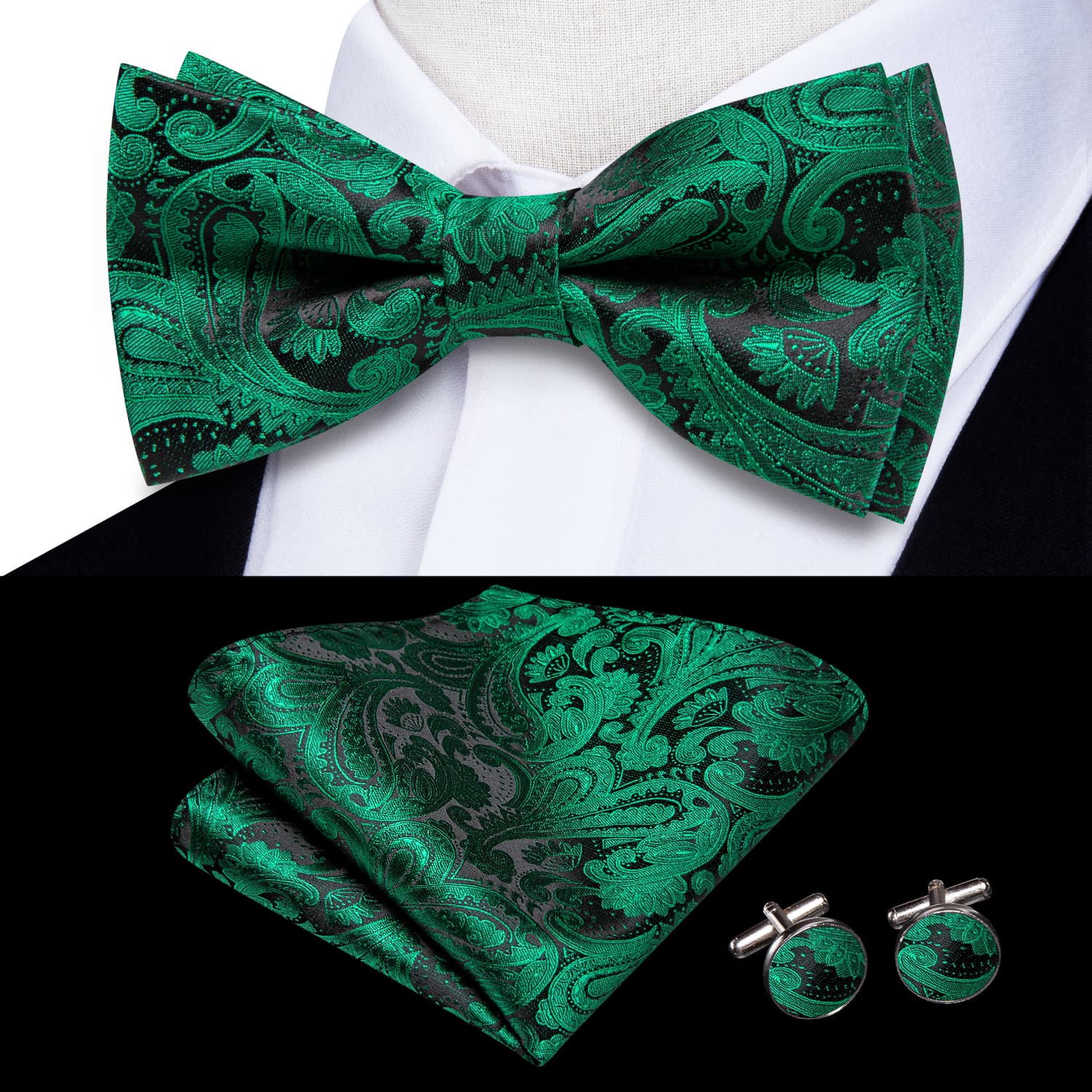 Hi-Tie Pre-Tied Bowtie Forest Green Neck Tie Hanky Cufflinks Set