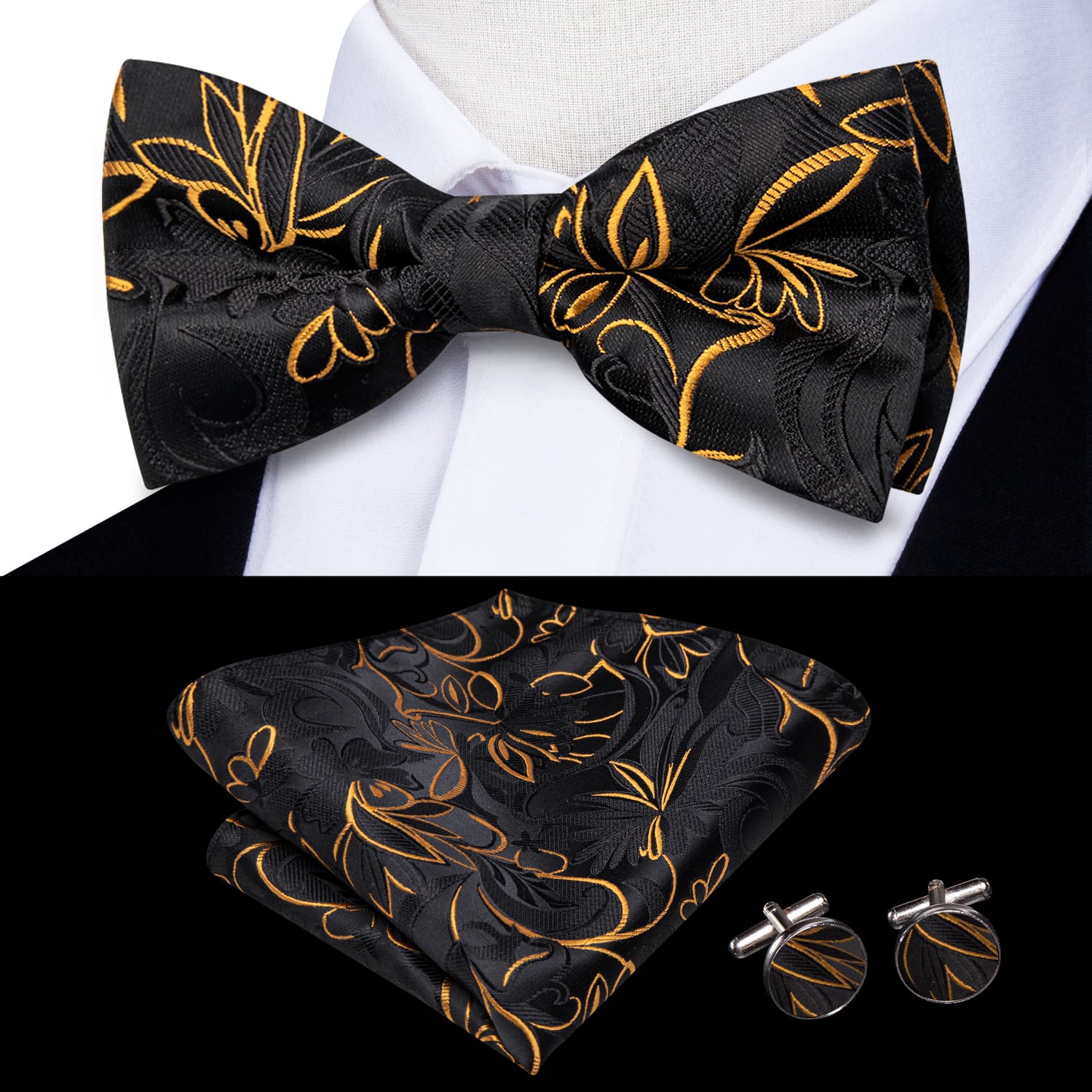 Hi-Tie Black Gold Floral Bowtie Men's Silk Necktie Hanky Cufflinks Set