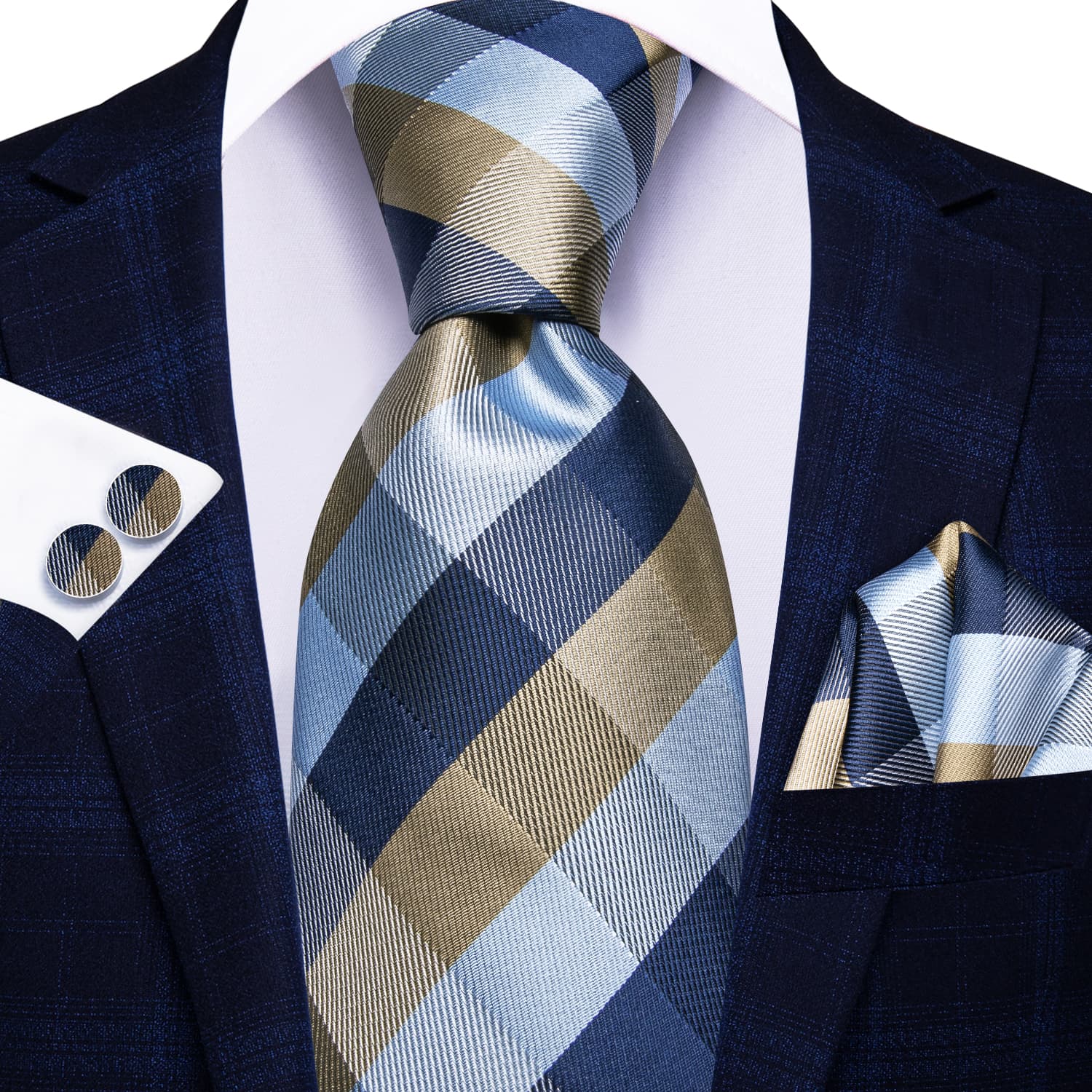 Hi-Tie Plaid Tie Navy Blue Sky Blue Silk Necktie for Men