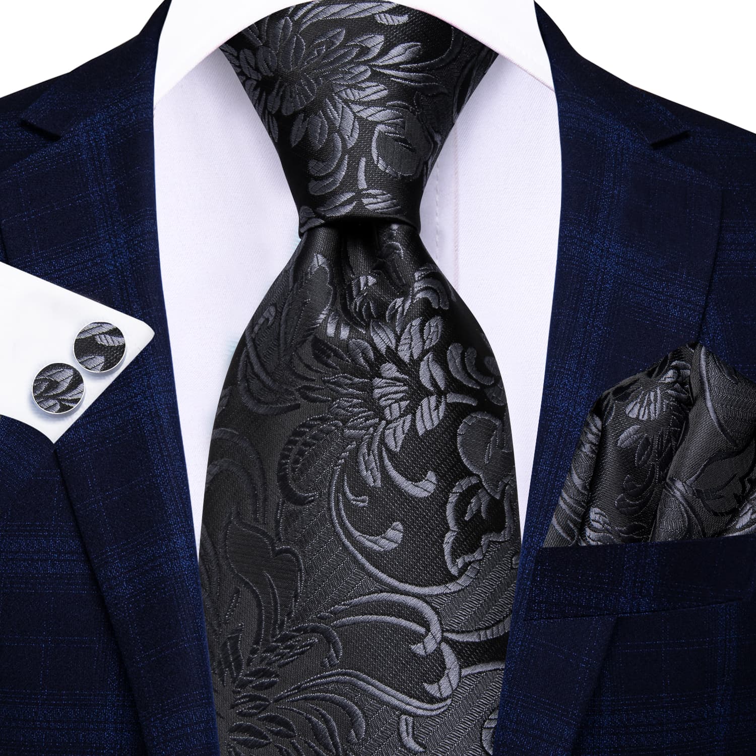 Hi-Tie Floral Black Dark Gray Tie Jacquard Silk Necktie Set for Men