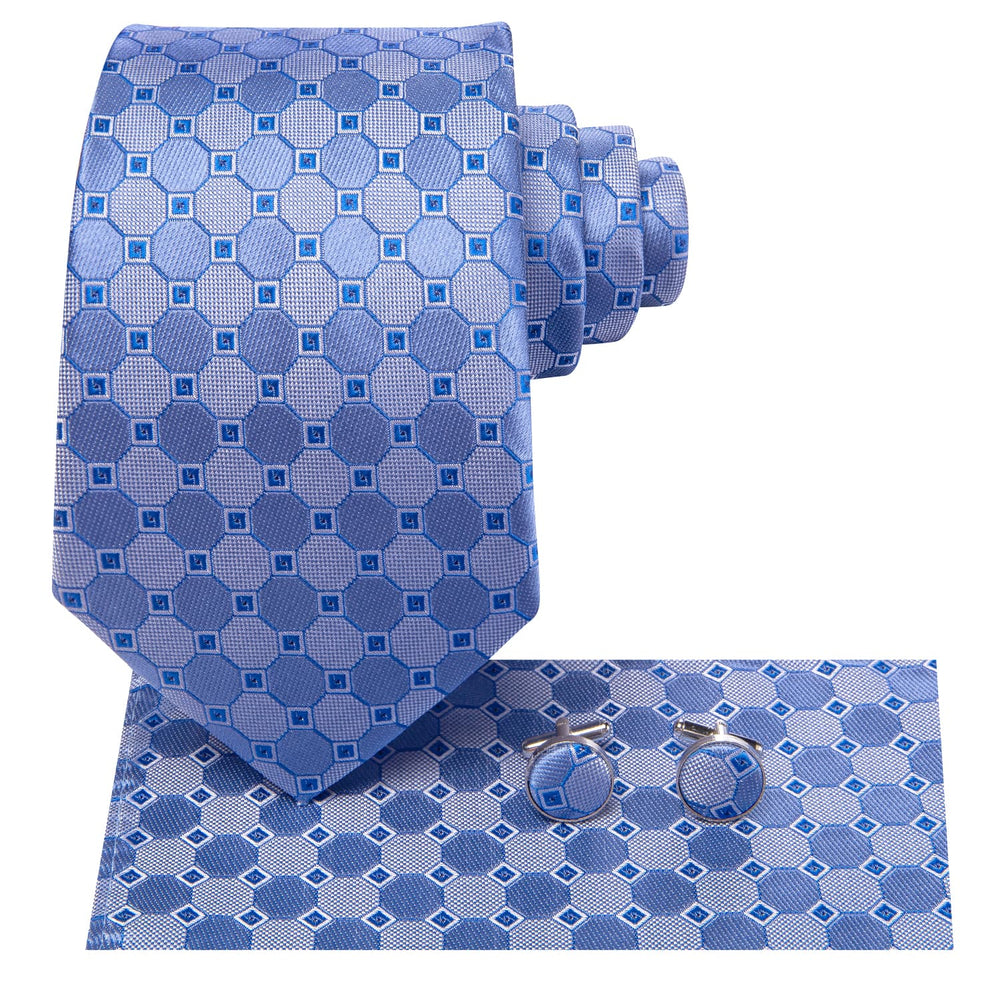 Hi-Tie Plaid Sky Blue Silver Tie Jacquard Silk Necktie Set for Men