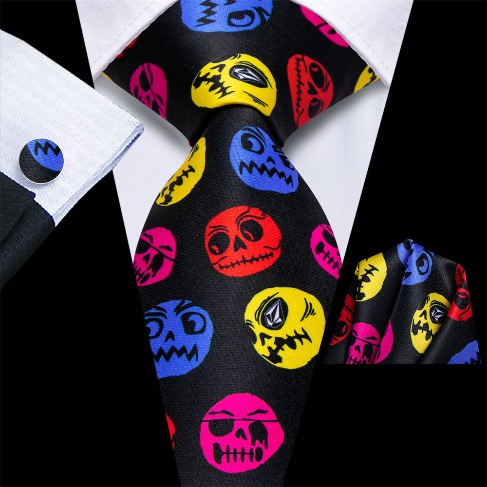 Hi-Tie Necktie Halloween Black Skull Silk Necktie Hanky Cufflink Set