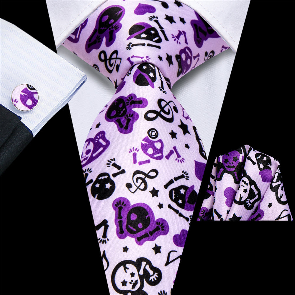 Hi-Tie Purple Necktie for Halloween Note Skull Necktie Hanky Cufflinks