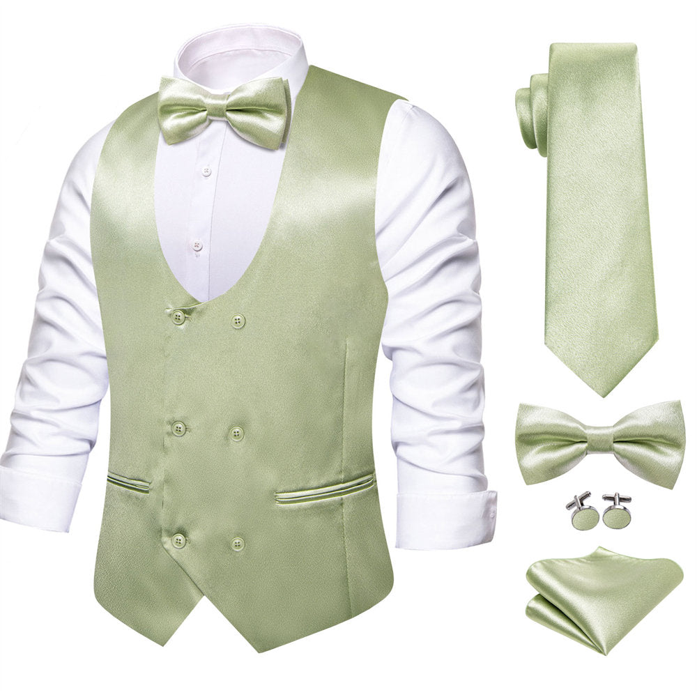 Hi-Tie Double Breasted Vest Green Solid U-Neck Suit Waistcoat Tie Set