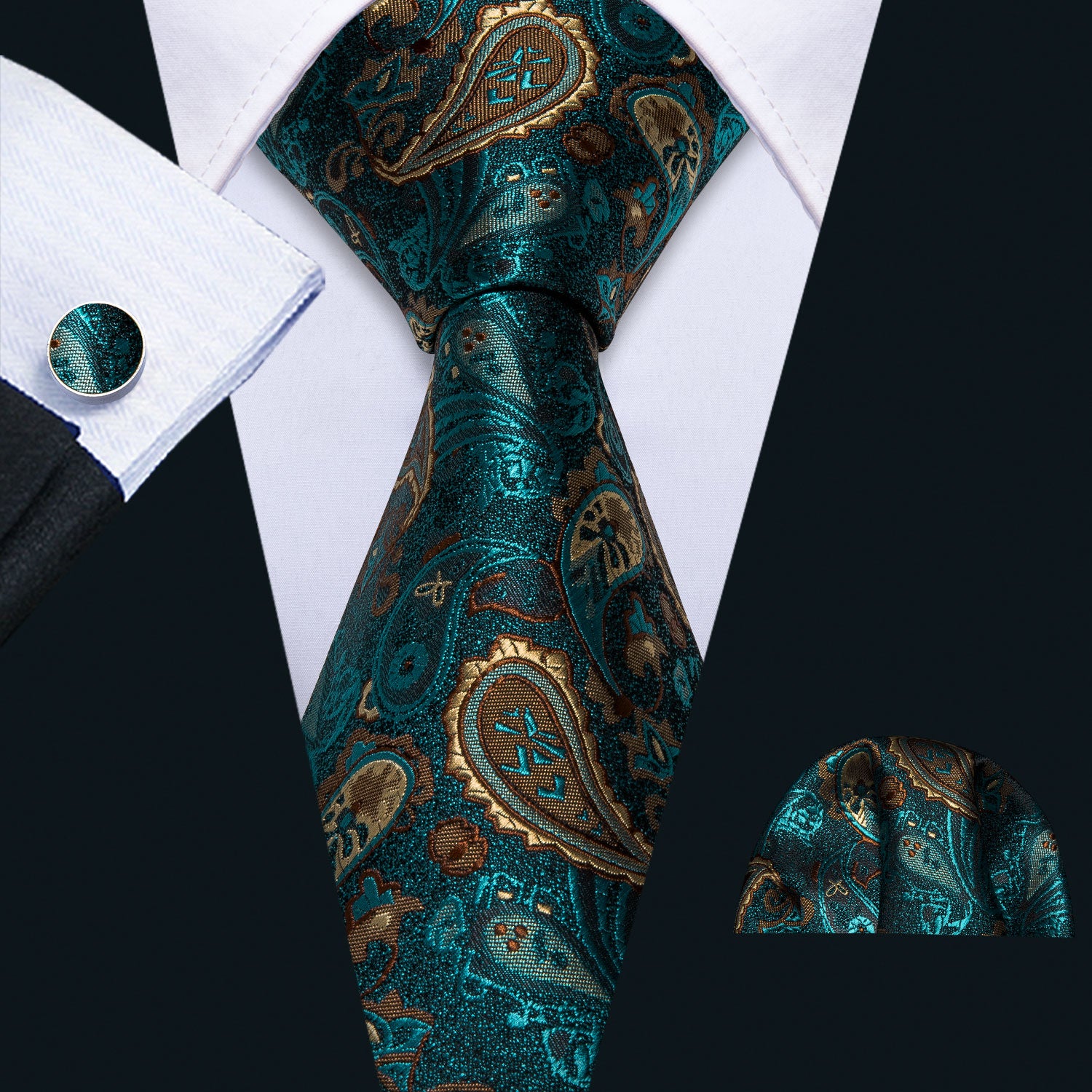 Hi-Tie Paisley Silk Tie Teal Green Sienna Necktie Pocket Square Cuffli