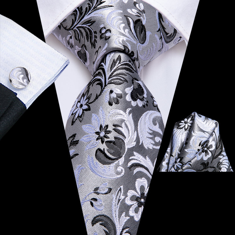 Hi-Tie Mens Necktie Grey Black Floral Tie Pocket Square Cufflinks Set