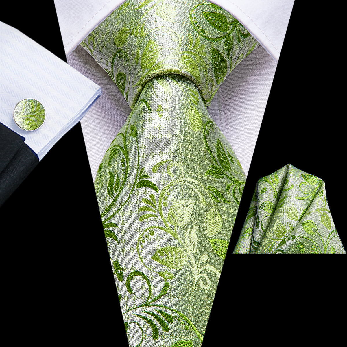 Hi-Tie Fluorescent Green Necktie Floral Tie Handkerchief Cufflinks Set