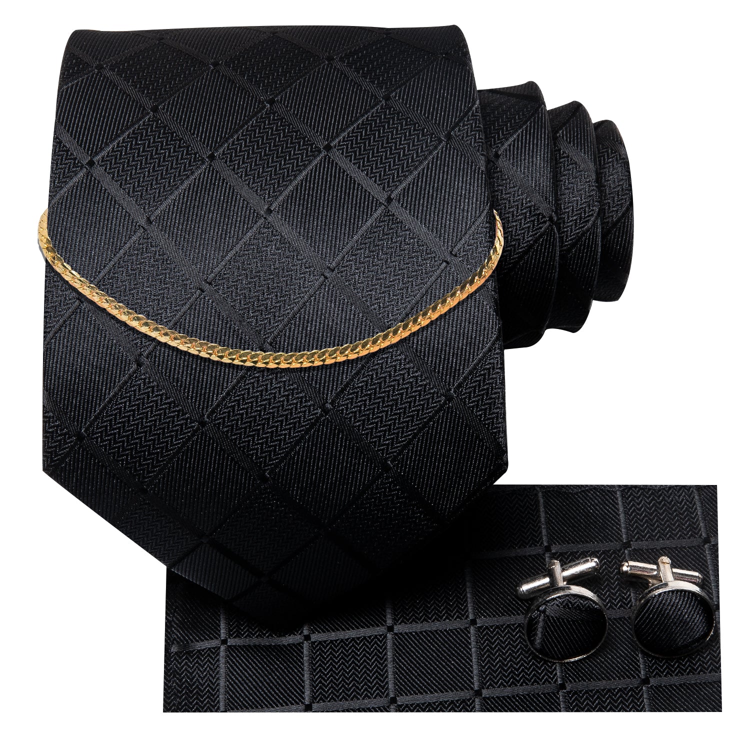 Pure Black Plaid Silk Men's Tie Set Tie Pocket Square Cufflinks Set Wi