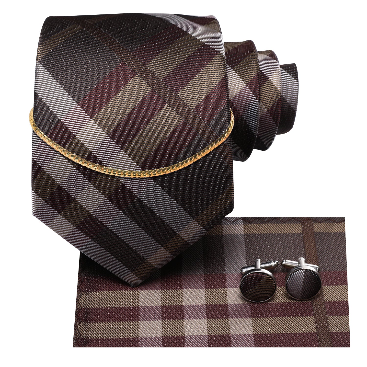 Classic Brown Plaid Silk Men's Tie Set Tie Pocket Square Cufflinks Set
