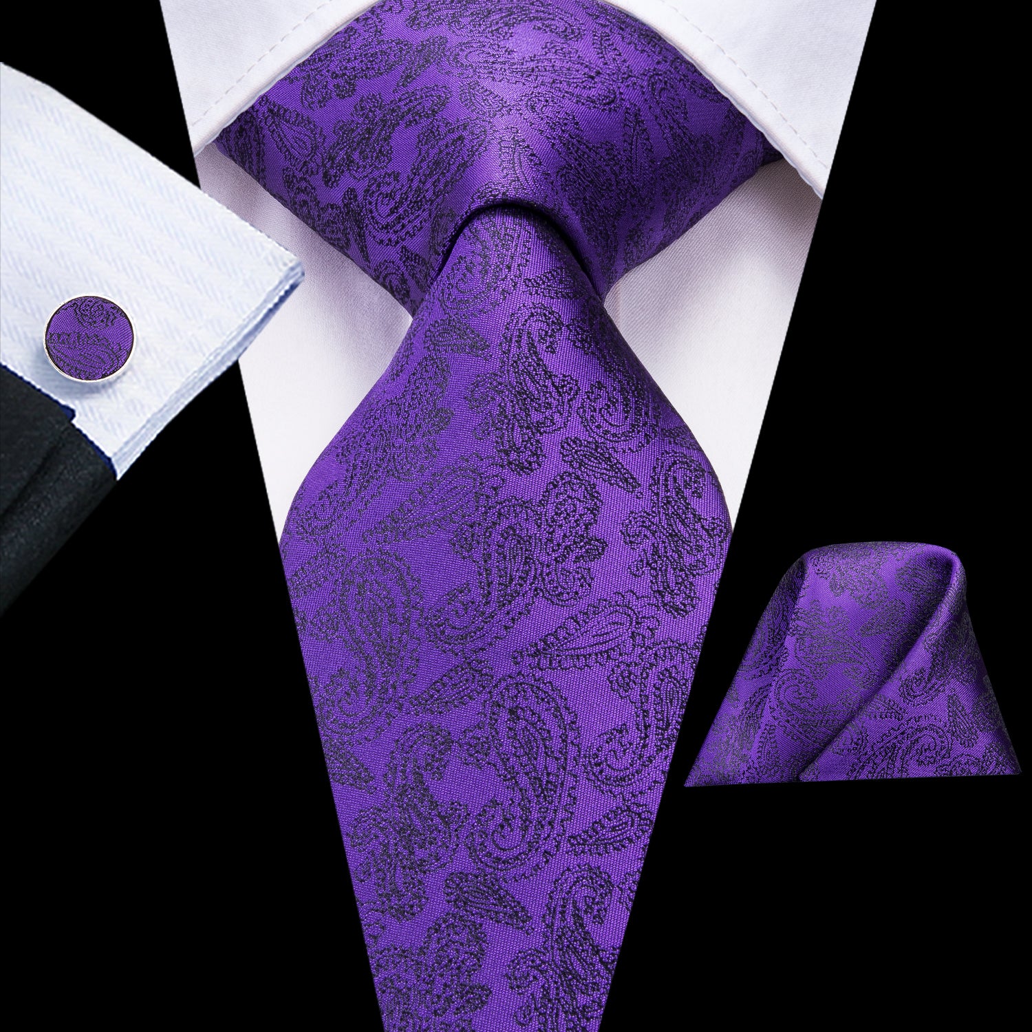 Hi-Tie Noble Purple Ties Men Solid Necktie Pocket Square Cufflinks Set
