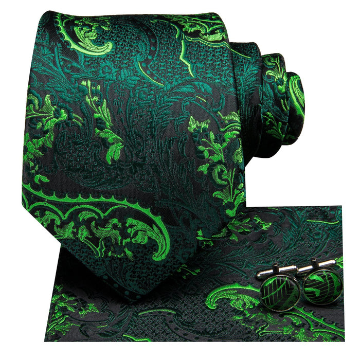 Hi-Tie Dark Green Tie Mens Paisley Necktie Pocket Square Cufflinks Set