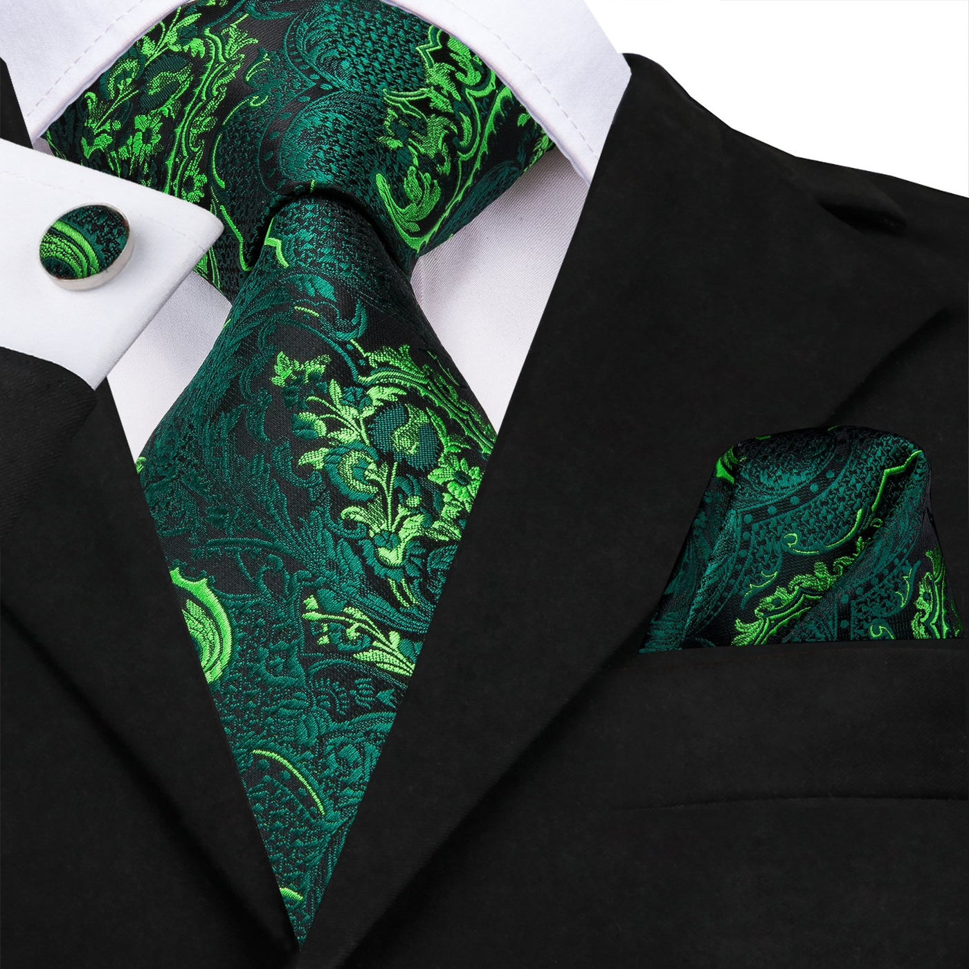 Hi-Tie Dark Green Tie Mens Paisley Necktie Pocket Square Cufflinks Set
