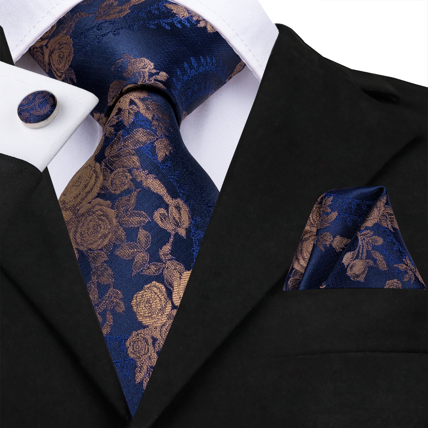 Hi-Tie DarkBlue Floral Tie with Brown Roses Pocket Square Cufflinks Se