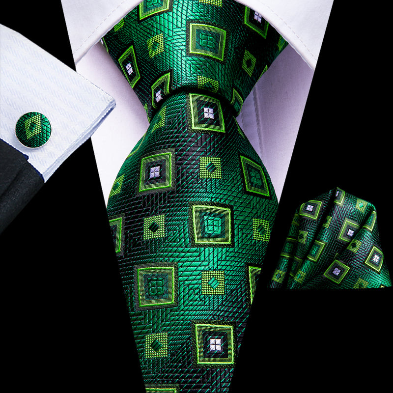 Hi-Tie Green Necktie Plaid Novelty Tie Pocket Square Cufflinks Set