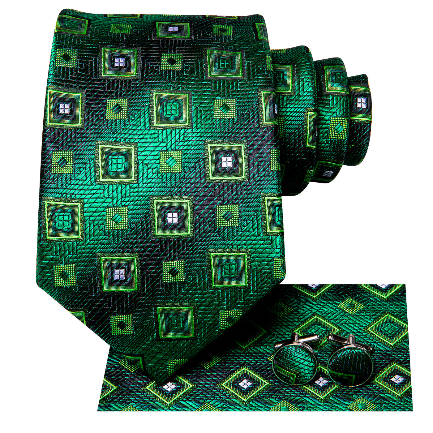 Hi-Tie Green Necktie Plaid Novelty Tie Pocket Square Cufflinks Set