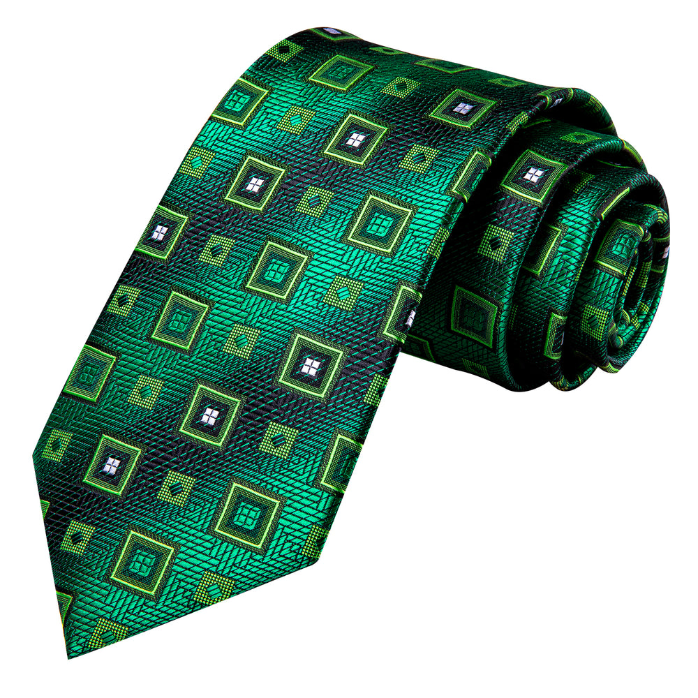 Hi-Tie Green Necktie Plaid Novelty Tie Pocket Square Cufflinks Set