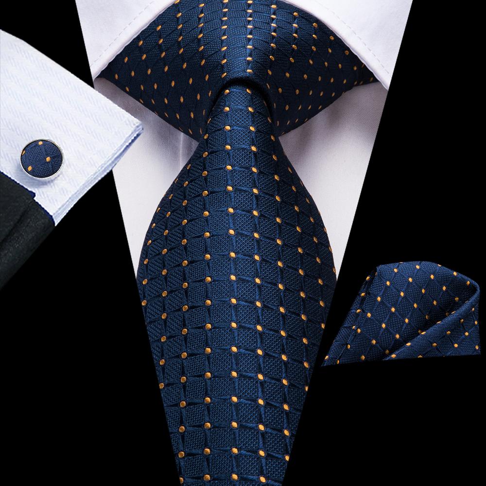 Deep Blue Plaid Tie Pocket Square Cufflinks Set