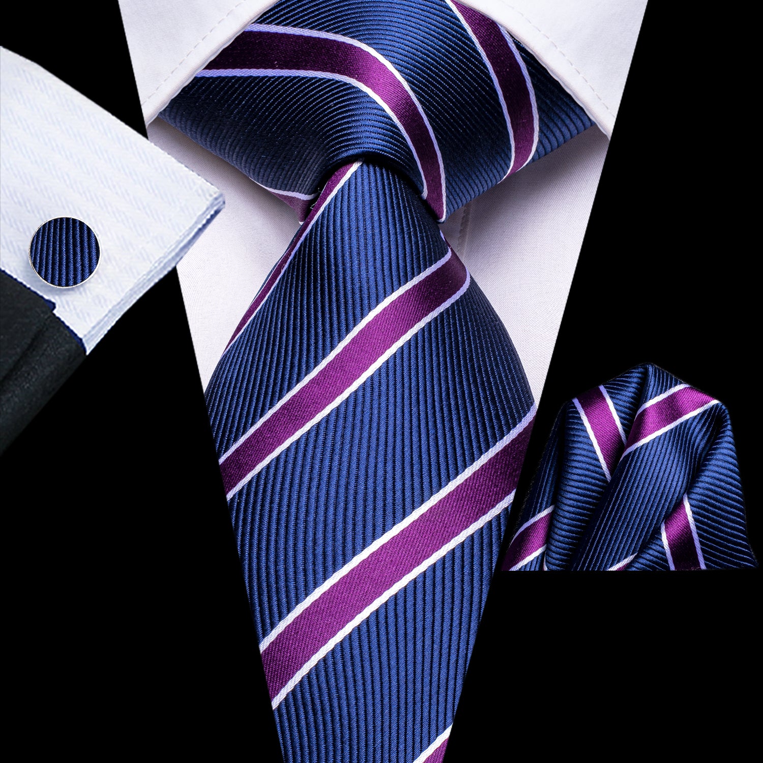 Hi-Tie Blue Purple Striped Silk Necktie Pocket Square Cufflinks Set