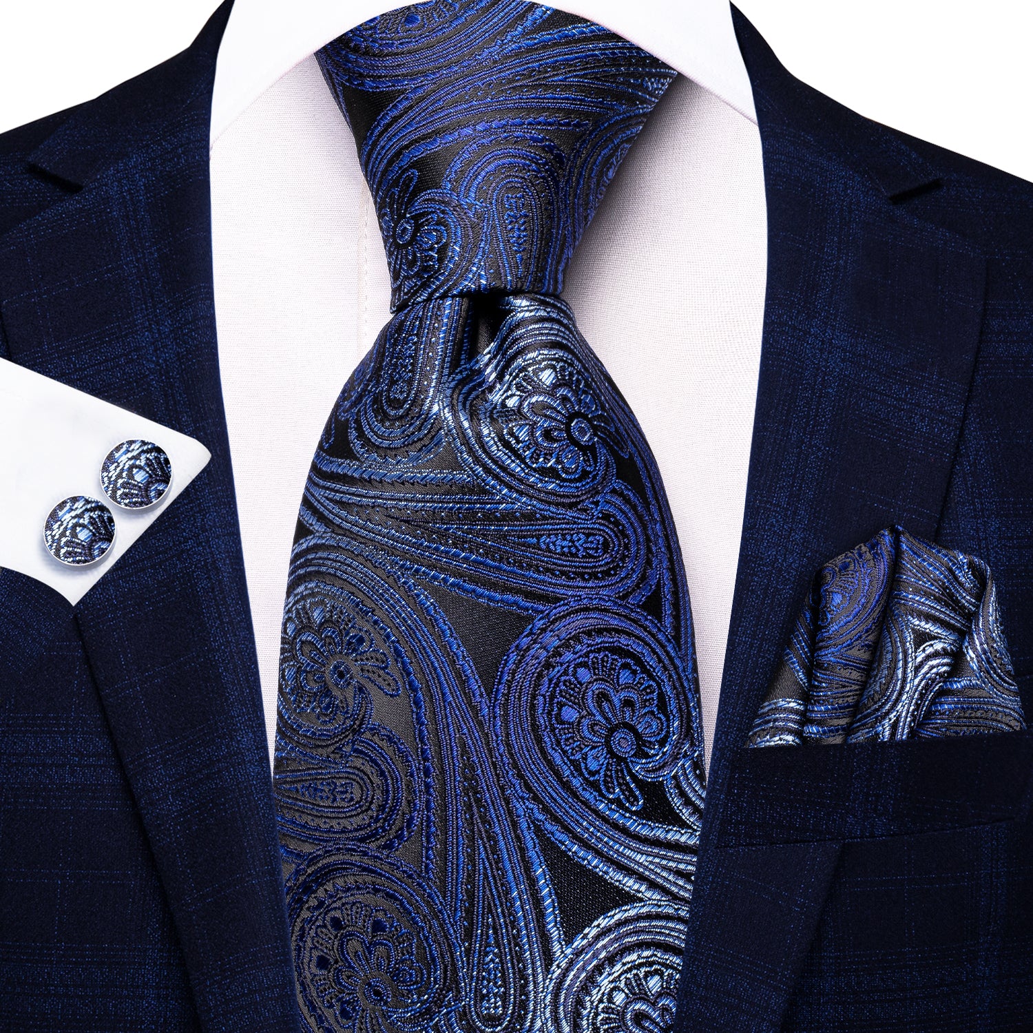 Hi-Tie Blue Necktie Novelty Floral Silk Tie Pocket Square Cufflink Set
