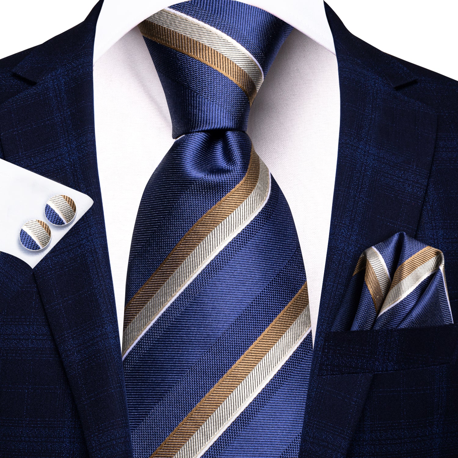 Hi-Tie Deep Blue Brown Stripes Silk Tie Pocket Square Cufflinks Set