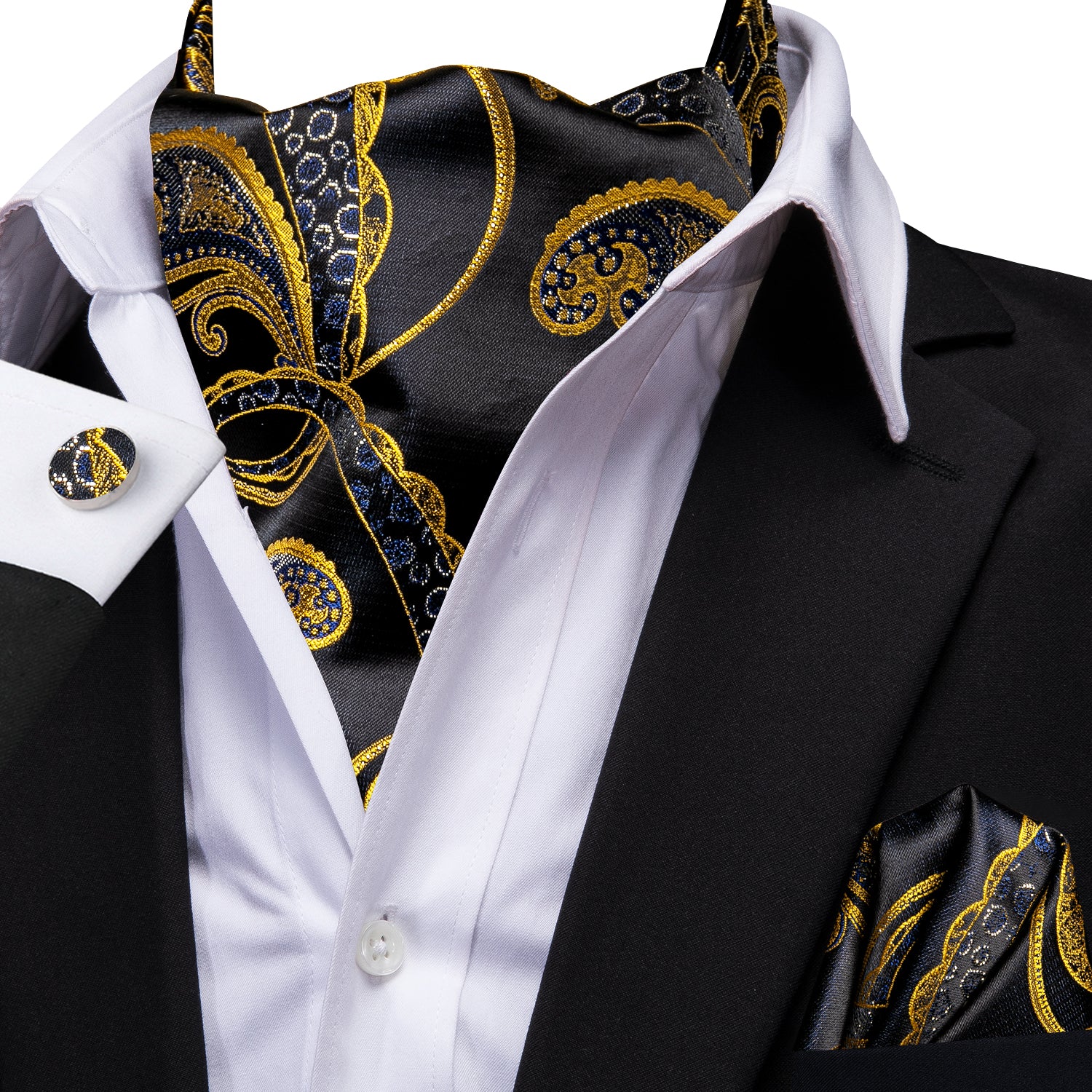 Golden Paisley Ascot Pocket Square Cufflinks Set