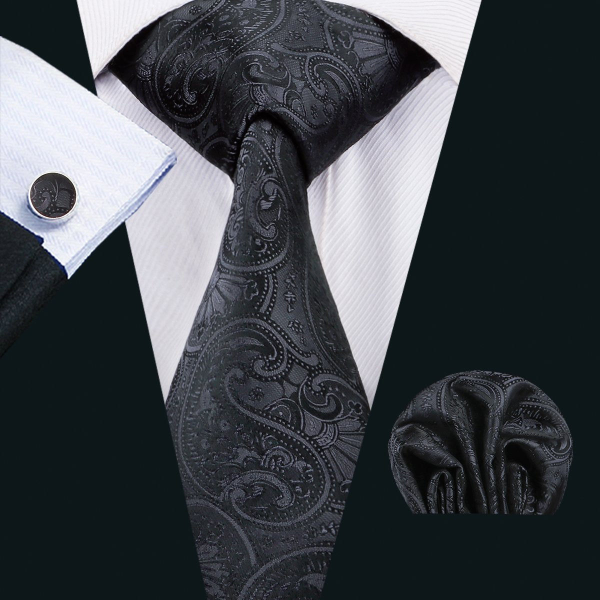 Hi-Tie Black Paisley Silk 63 Inches Extra Long Men's Tie Hanky Cufflin